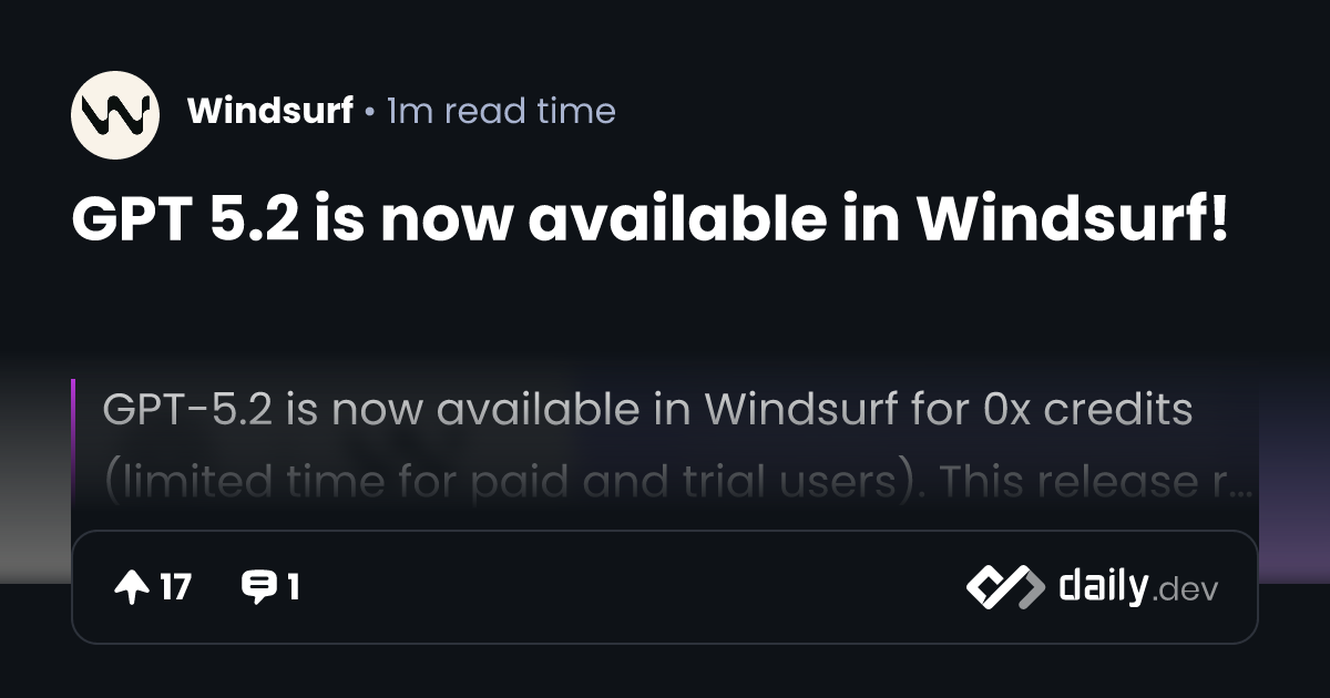 GPT 5.2 is now available in Windsurf! | daily.dev